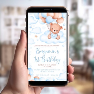 Editable Blue Teddy Bear 1st Birthday Electronic Invitation Template ...
