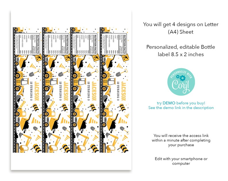 EDITABLE Water Bottle Label, Kids Birthday Corjl Template. Personalized ...