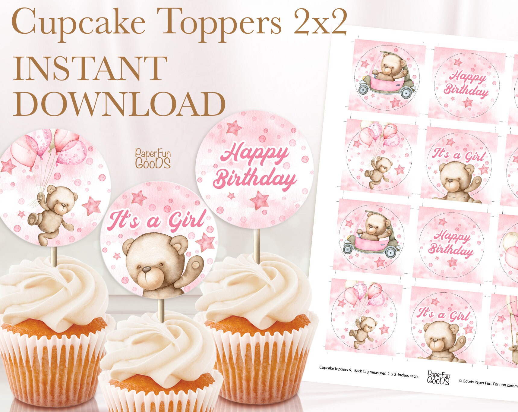 Printable Teddy Bear Cupcake Toppers. Favor Tags. Girls | Etsy