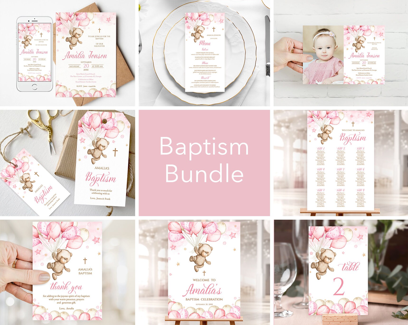 Editable Girl Baptism Bundle. Personalized Pink Beige Teddy Bear, Air Balloon Decor Christening ...