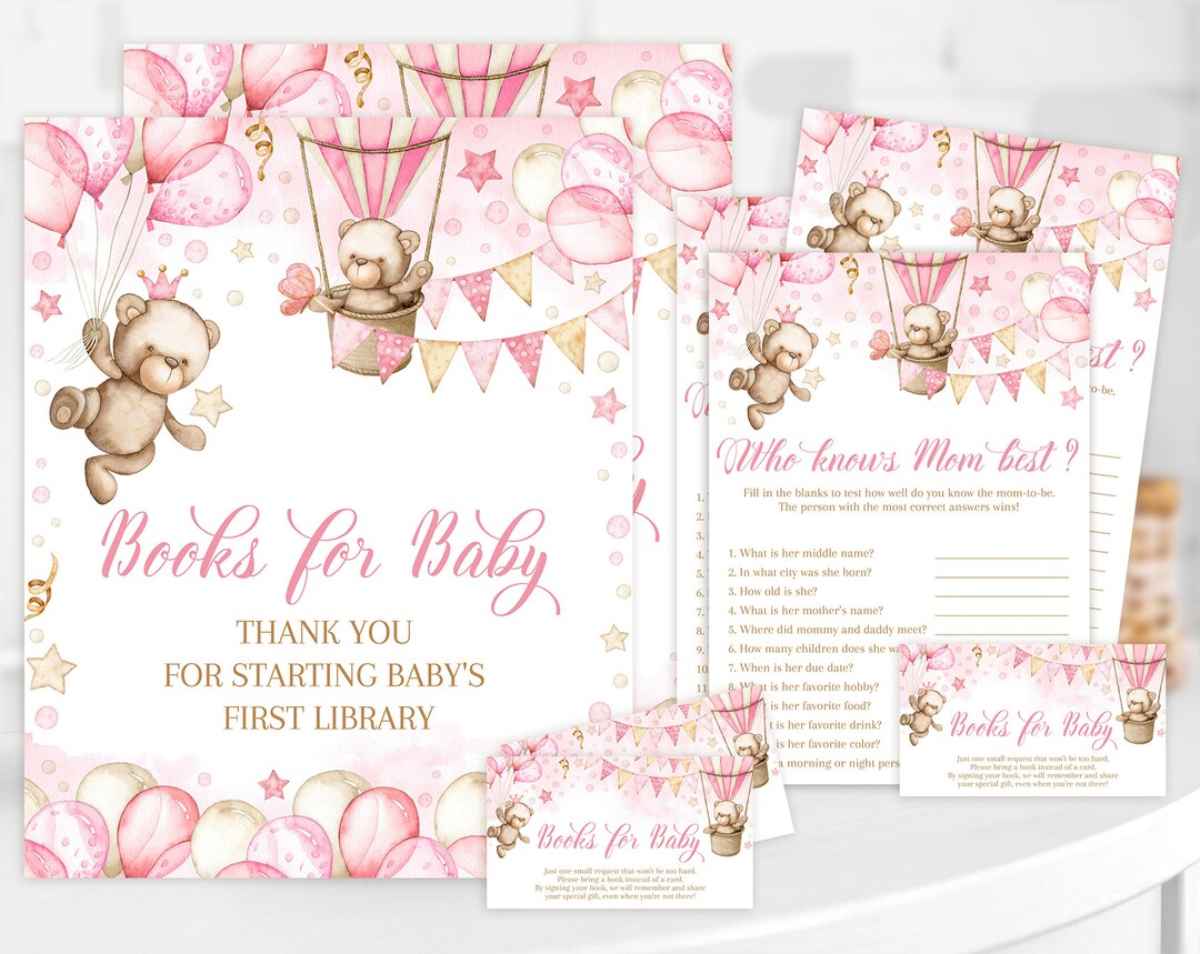18 Digital Baby Shower Games. Pink Teddy Bear, Air Balloon Party. It's ...