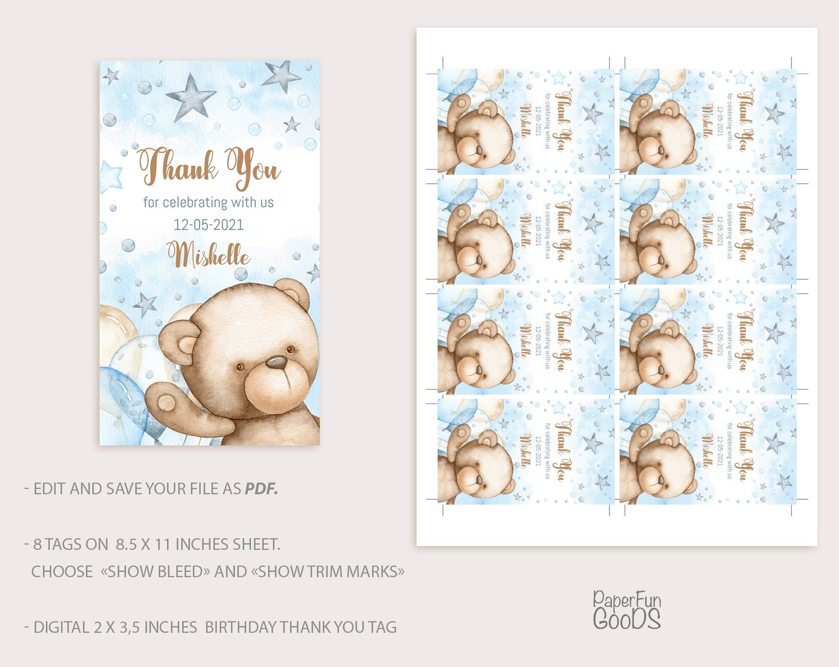 EDITABLE Thank You Tags. Personalized Boy Party Tag. Digital Birthday ...