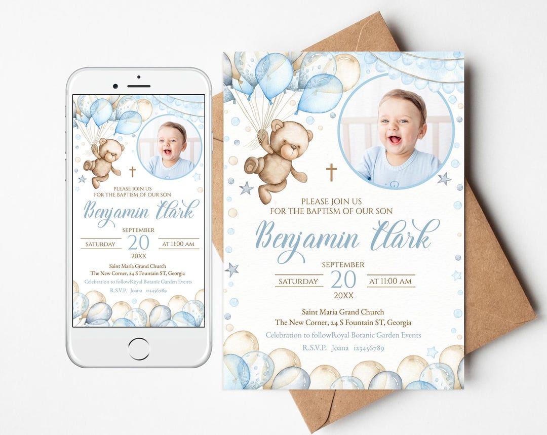 Editable Baptism Invitation With Photo. Blue and Beige Teddy Bear ...