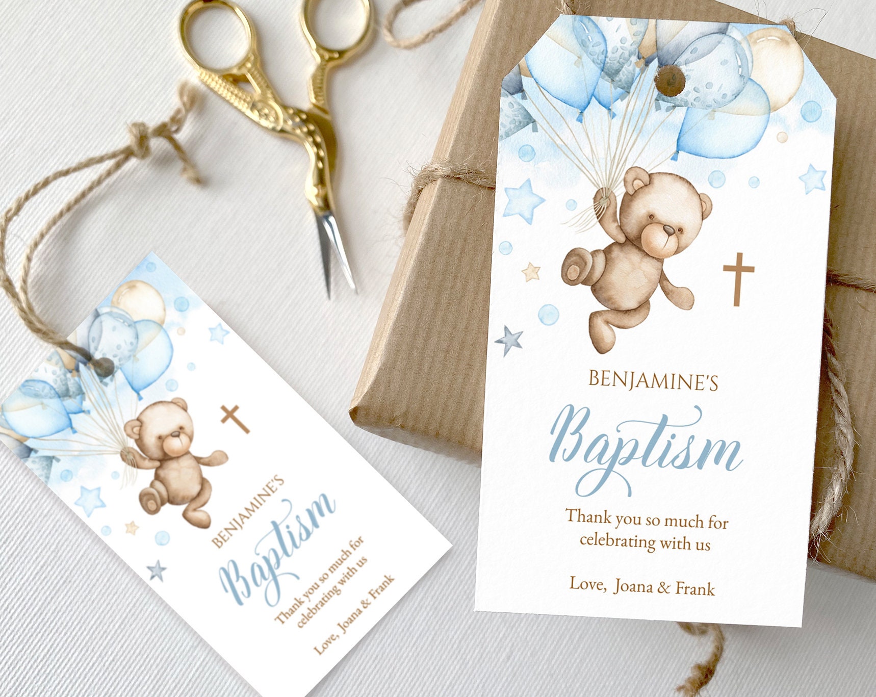 Editable Baptism Thank You Tag. Blue Teddy Bear, Air Balloon Decor ...