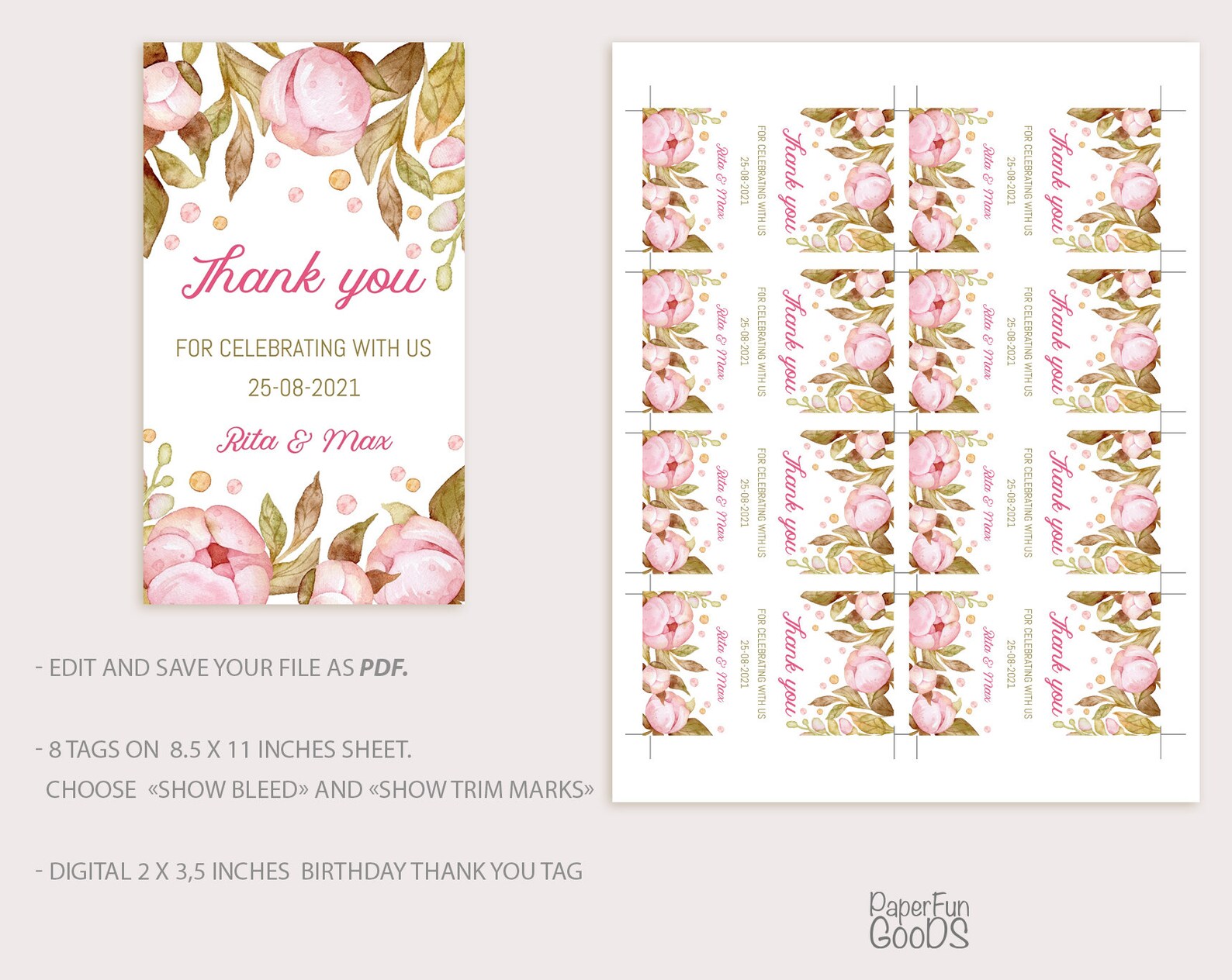 EDITABLE Thank You Tags. Personalised Party Tag. Digital Birthday ...