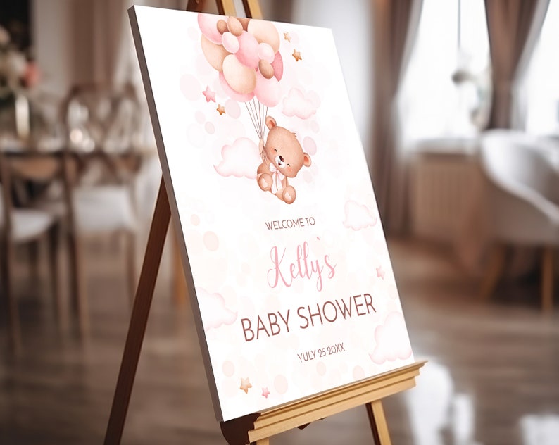 EDITABLE Welcome Sign Baby Shower Pink Teddy Bear. Personalized It's a ...