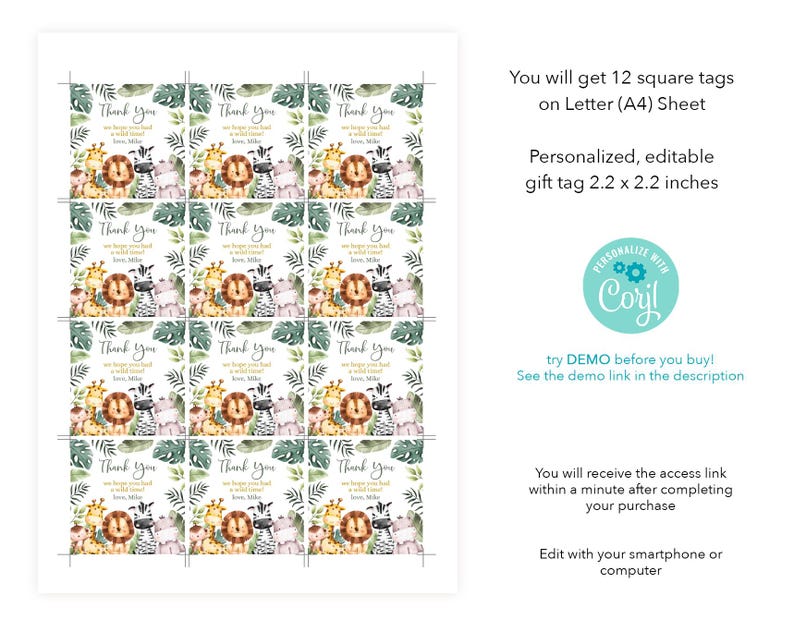 EDITABLE Digital Wild One Gift Tag 2.2x2.2 Inches. Personalized 1st ...