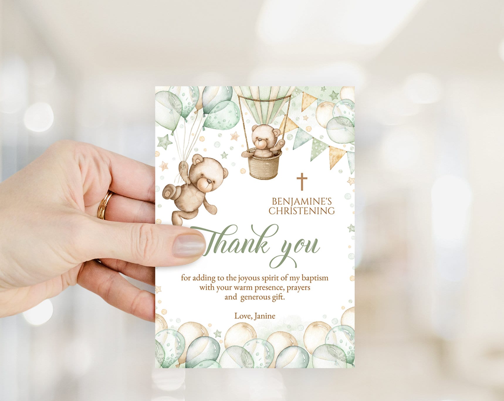 Editable Digital Baptism Thank You Card. Sage Green Teddy Bear, Air ...