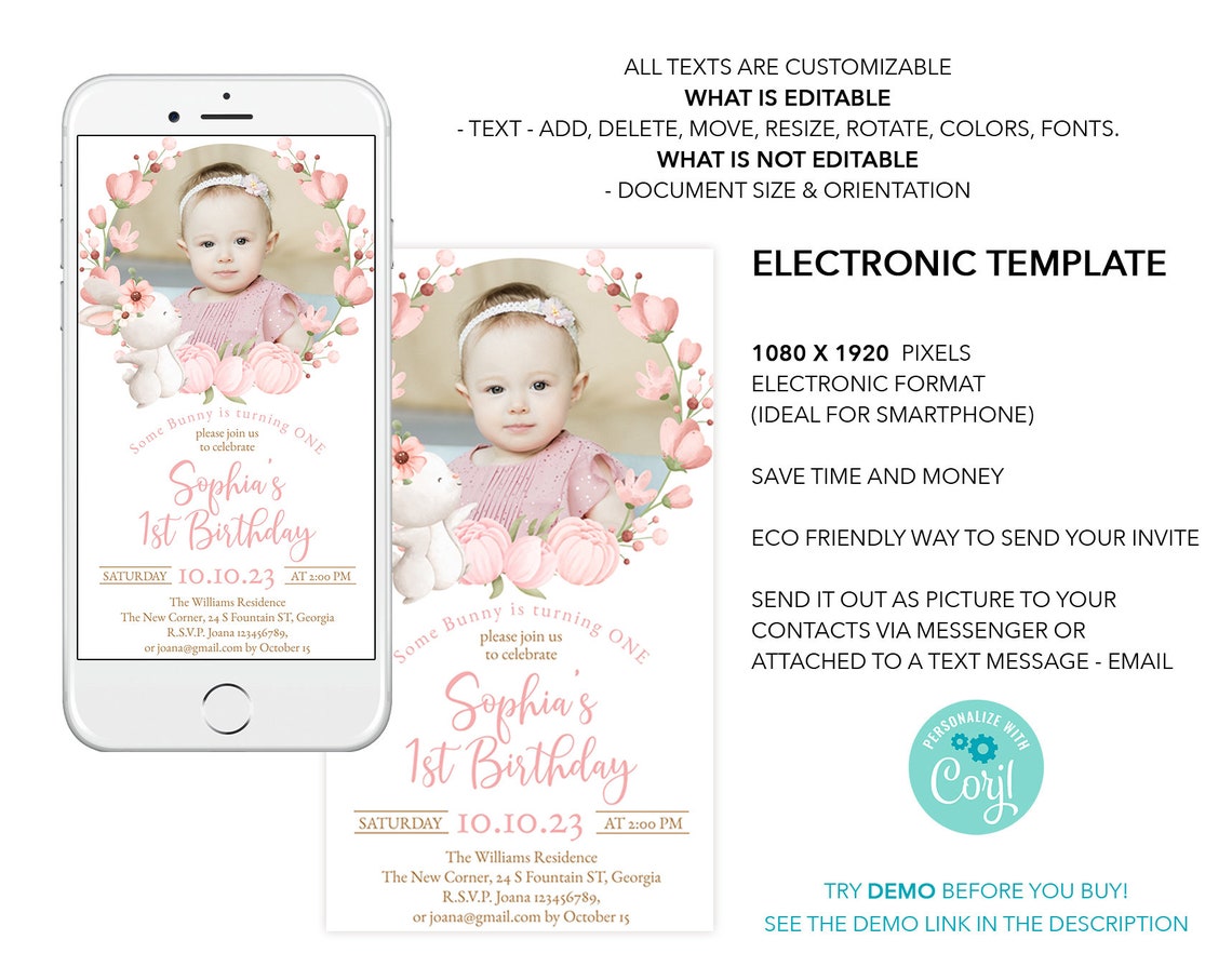 Editable 1st Birthday Digital Photo Evite Template. Personalized Baby ...