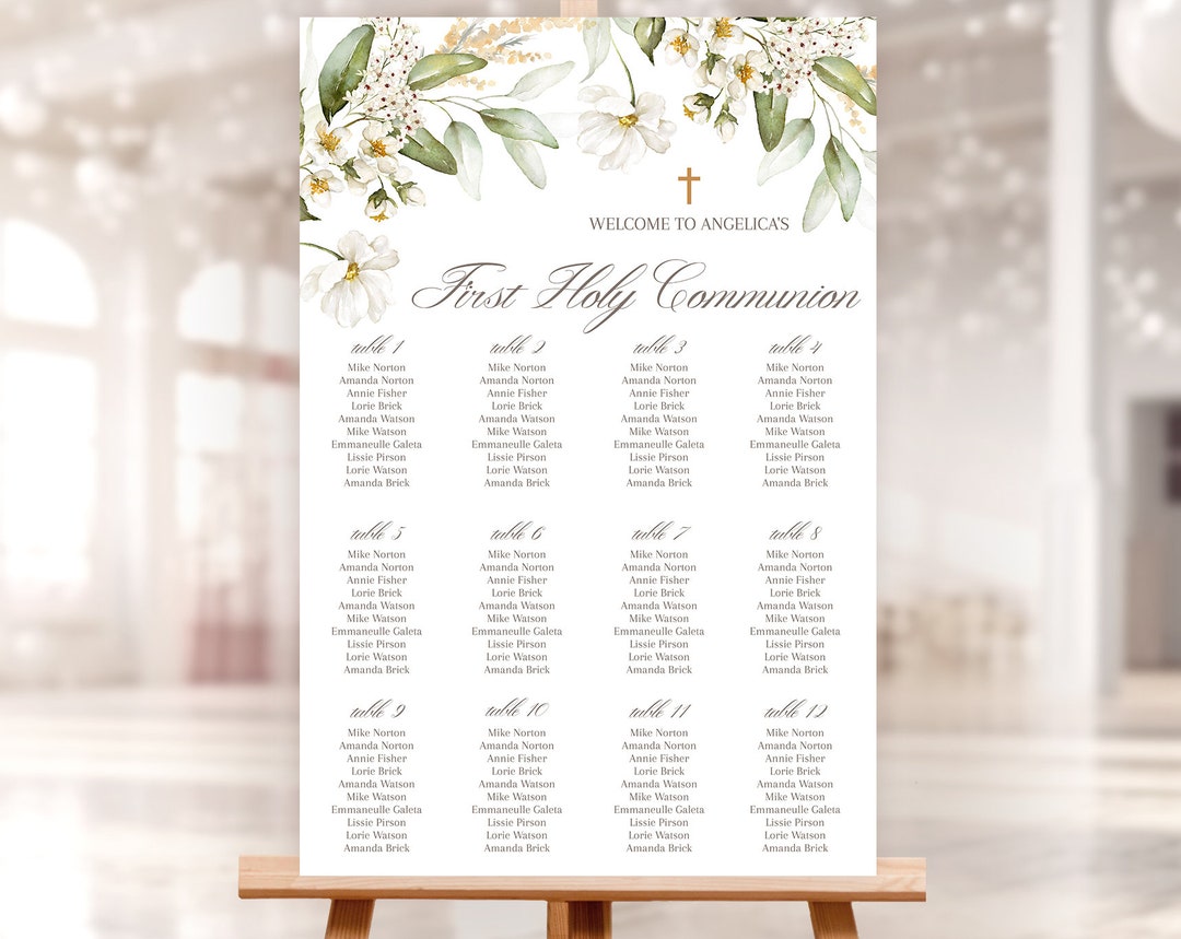 Editable 1st Holy Communion Seating Chart. Green Floral, White Flowers ...