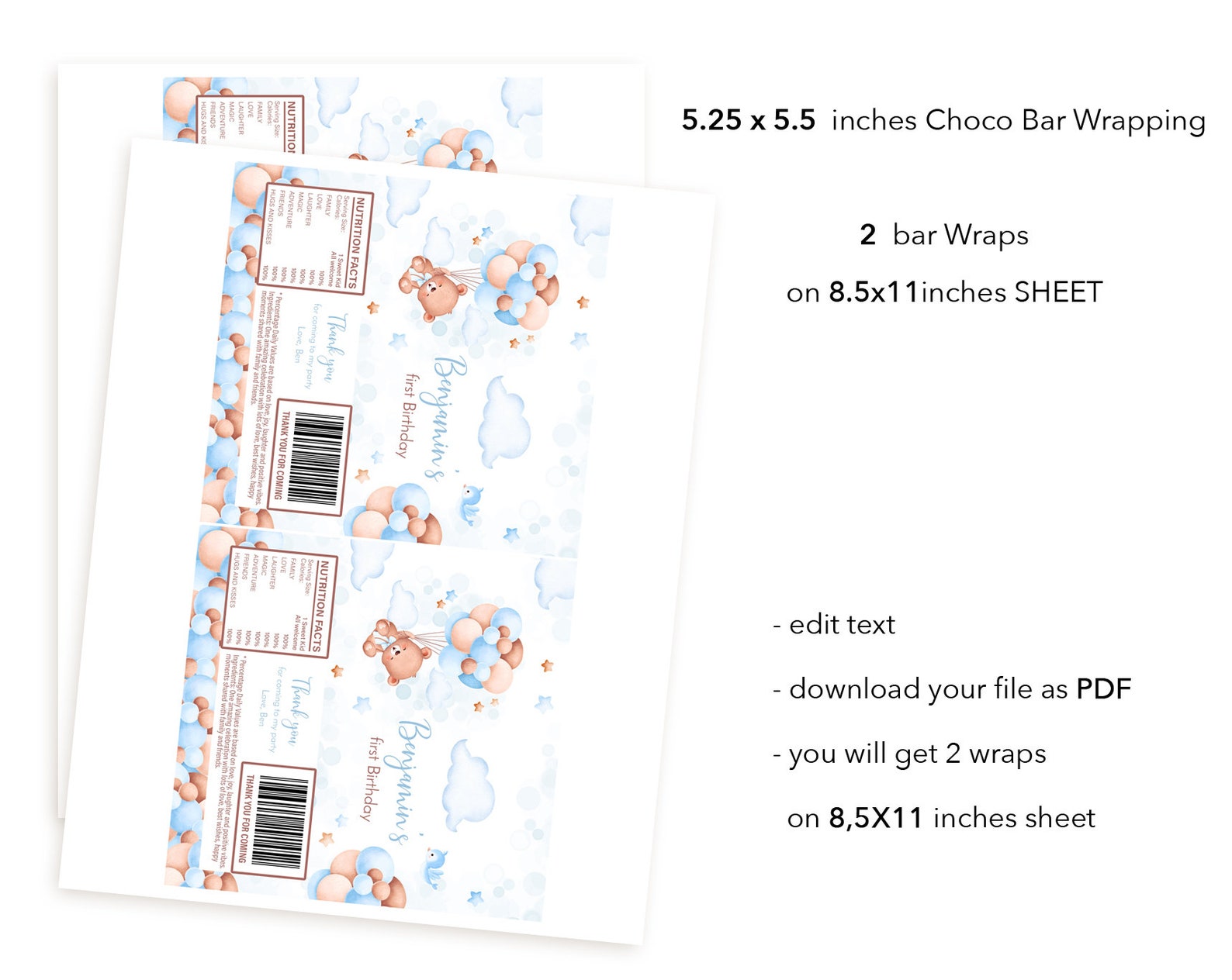 EDITABLE Chocolate Bar Wrappers, 1st Birthday Corjl Template ...