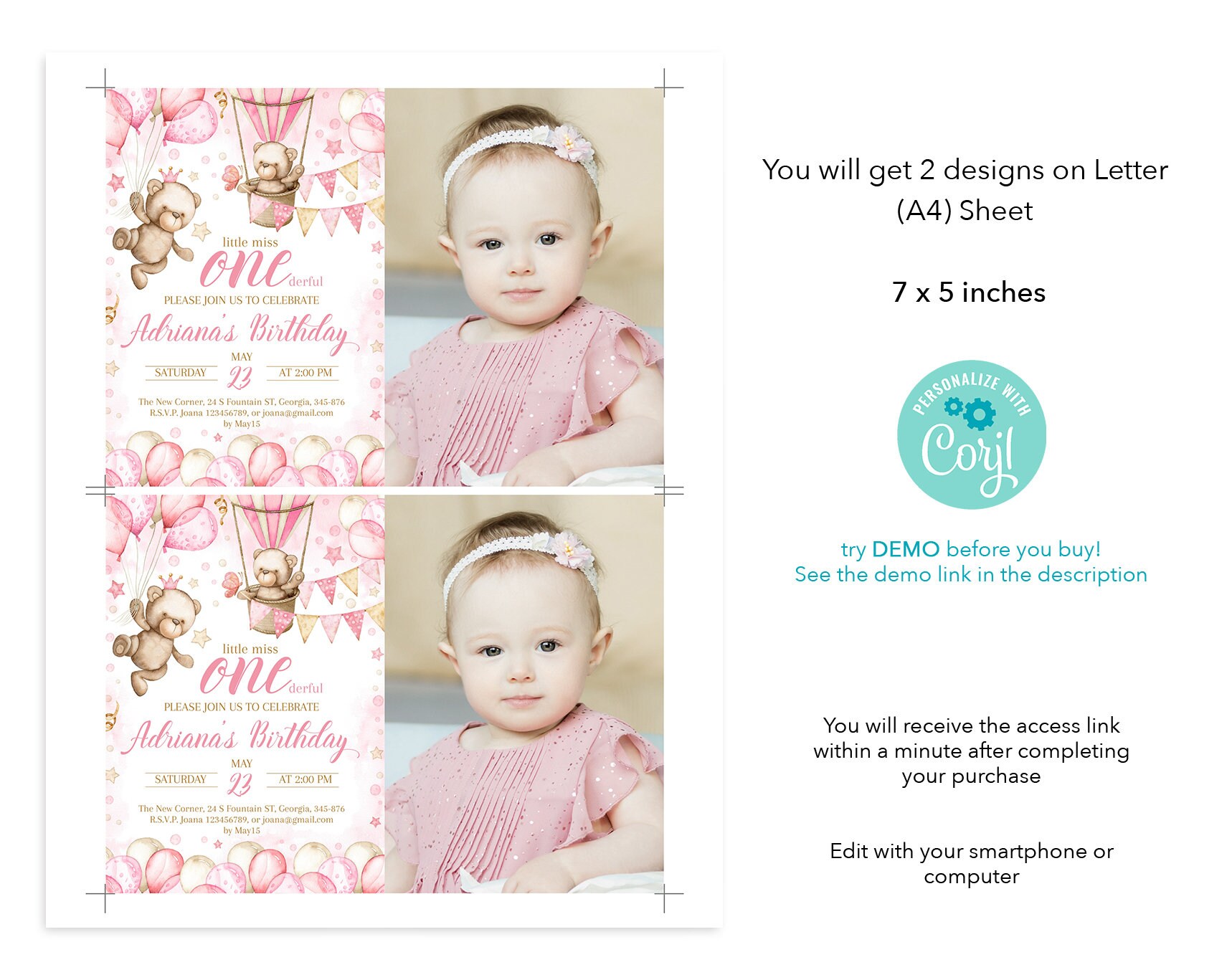 Editable Onederful 1st Birthday Photo Invite Template 7x5 Size ...