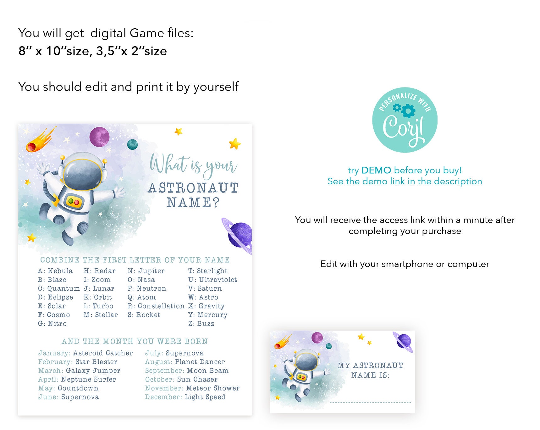 Editable Astronaut Game. Boy 4th Birthday Party, Outer Space, Planets ...