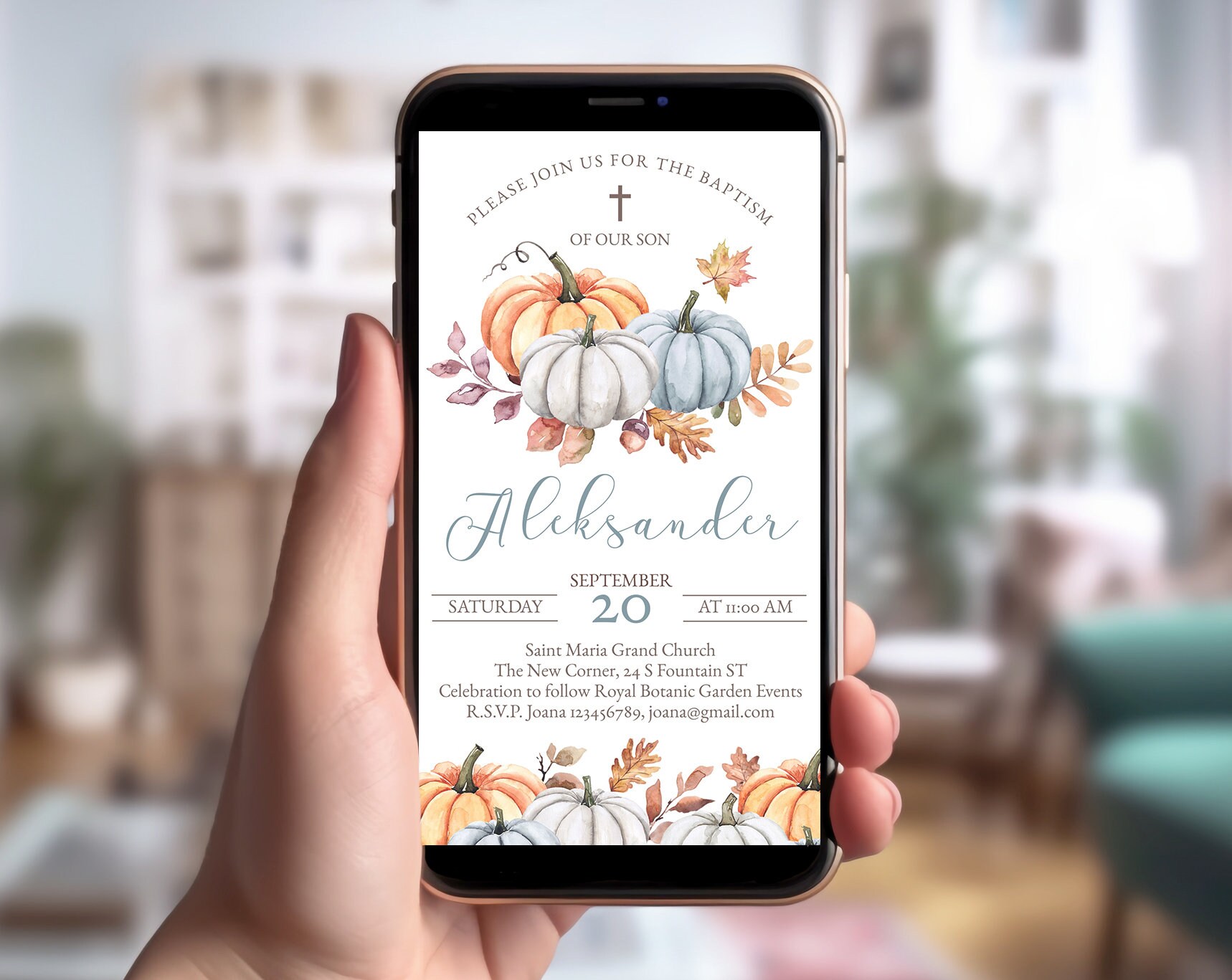 Editable Digital Baptism Invite/evite. Autumn, Fall Blue, Orange ...