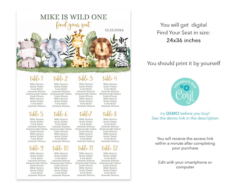 EDITABLE Digital 1st Wild ONE Birthday Seating Chart Template. Find ...