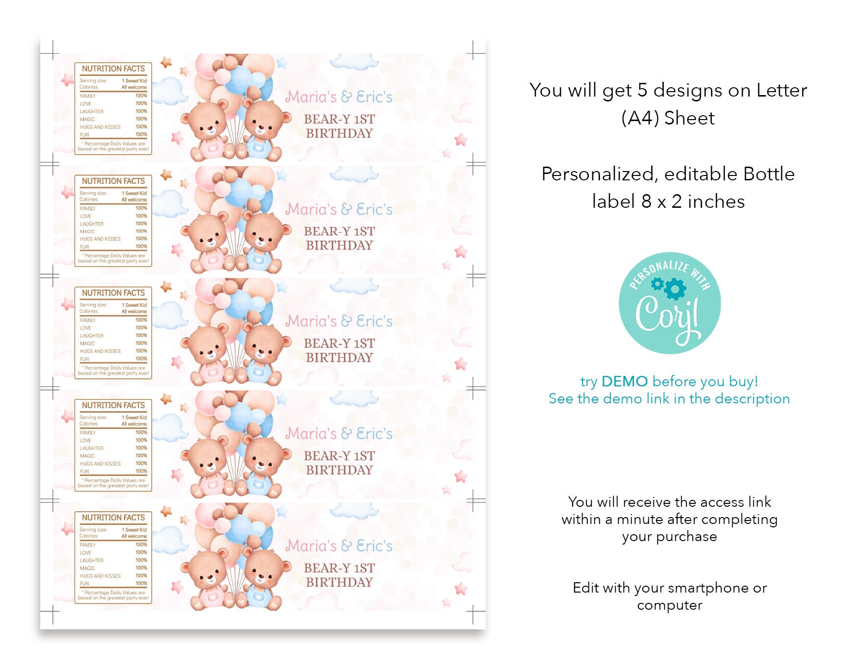 EDITABLE Digital Bottle Label, Water Labels. Twins 1st Birthday, Girl ...