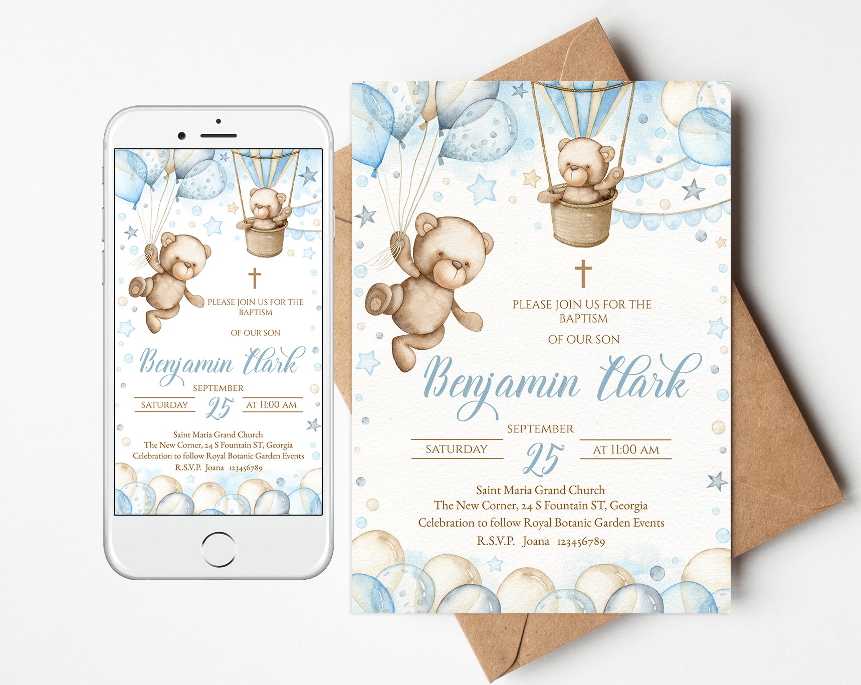 Editable Baptism Invite. Electronic Evite Blue Teddy Bear Invitation ...
