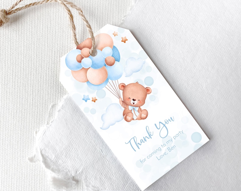 Editable Blue Teddy Bear Thank You Tag Template. 1st Baby Boy Birthday ...