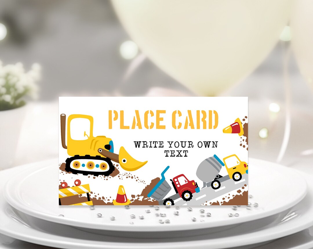 EDITABLE Digital Place Card. Boy Birthday Food Label, Yellow Excavator ...
