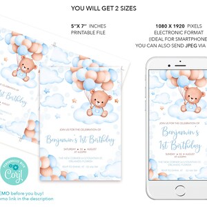 Editable Blue Teddy Bear 1st Birthday Electronic Invitation Template ...