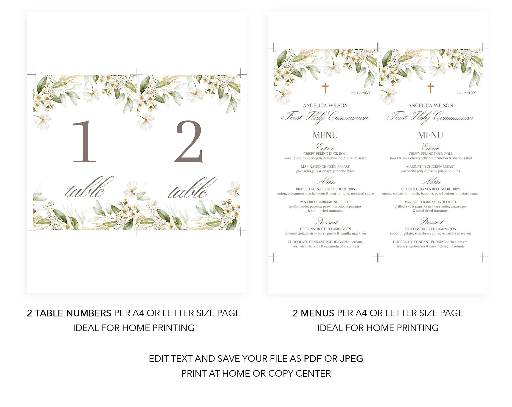 EDITABLE Menu Card and Table Number. 1st Holy Communion - Etsy