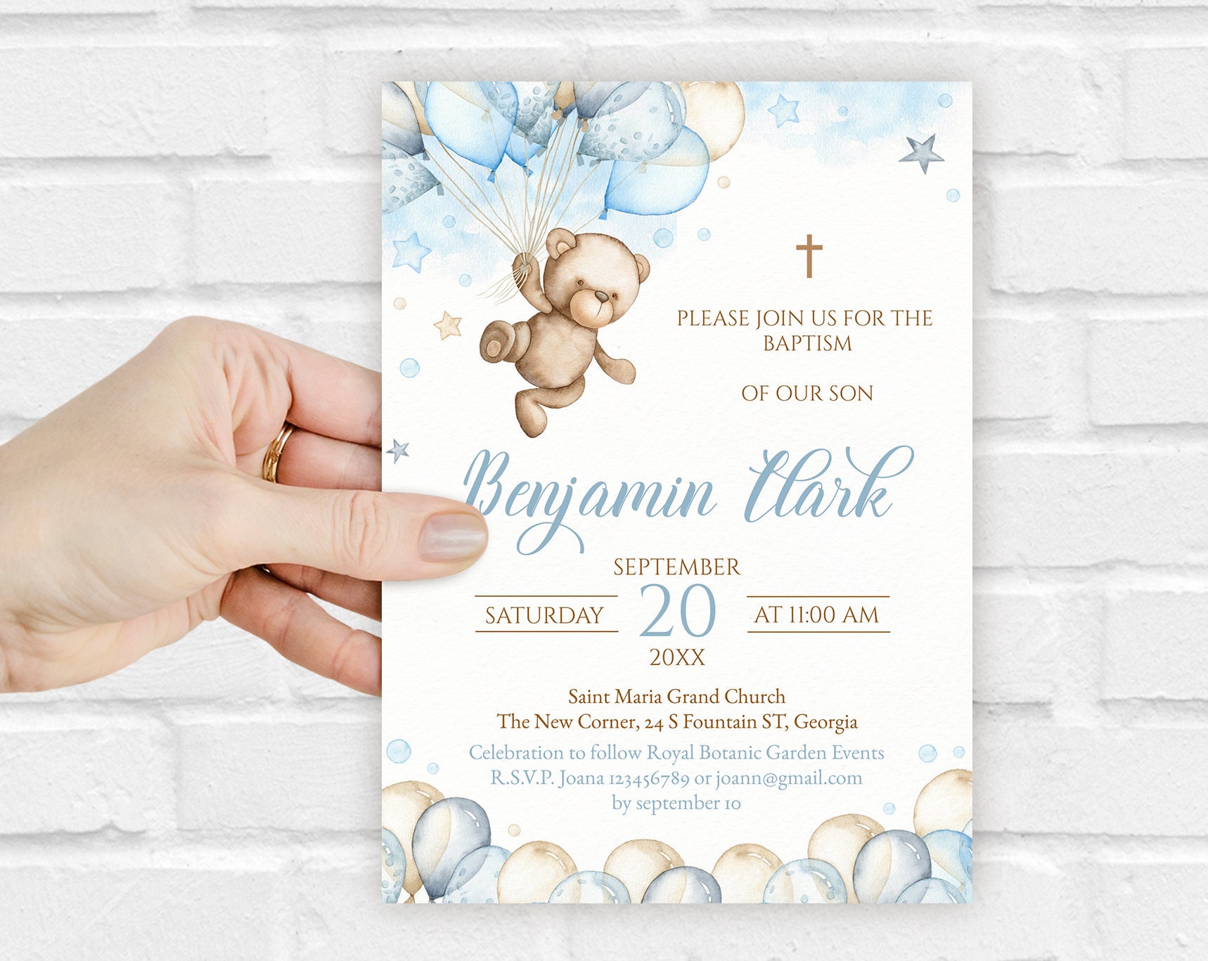 Editable Digital Baptism Invite/evite. Electronic Blue Teddy Bear ...
