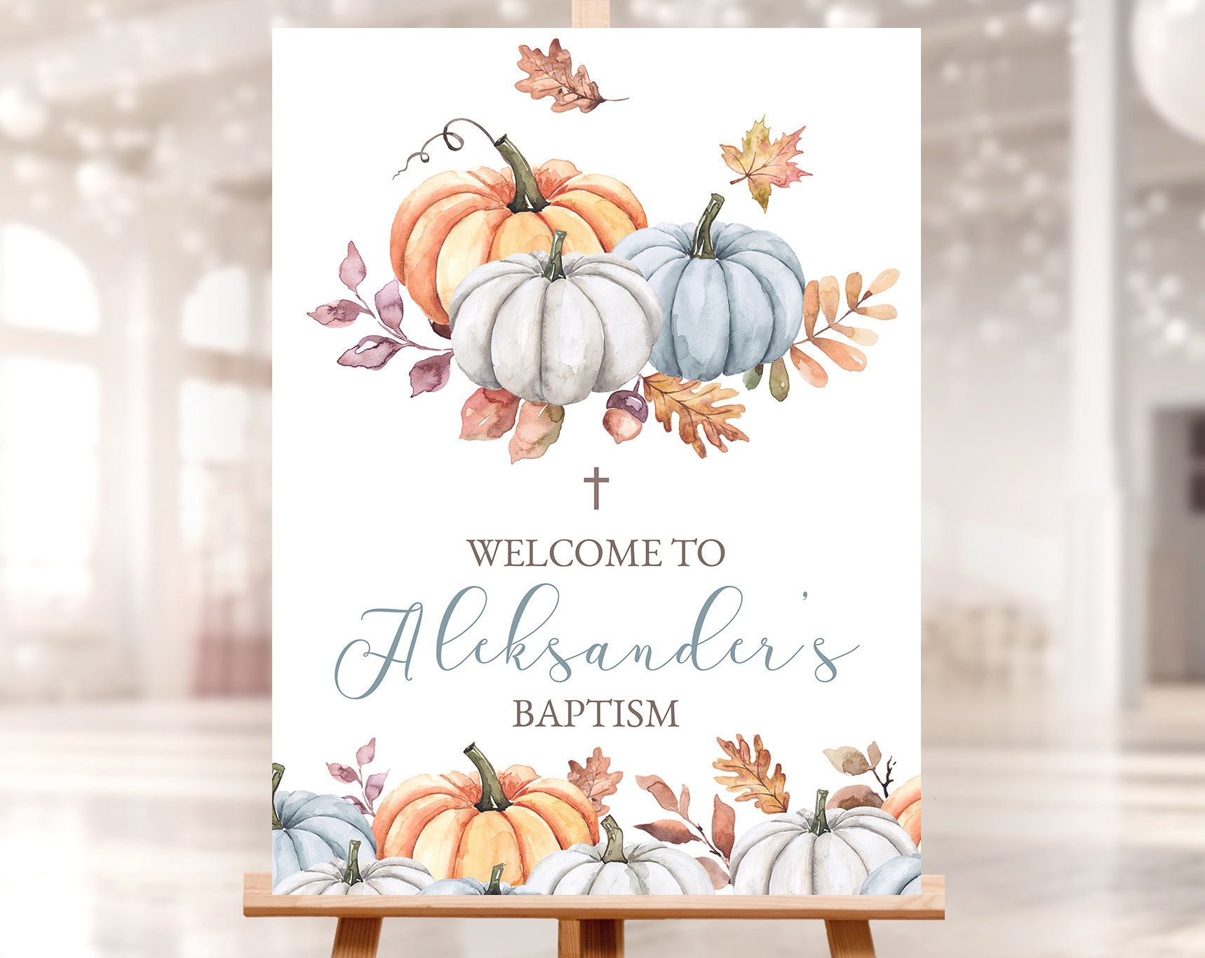 Editable Digital Baptism Welcome Sign. Autumn Blue, Orange Pumpkins ...