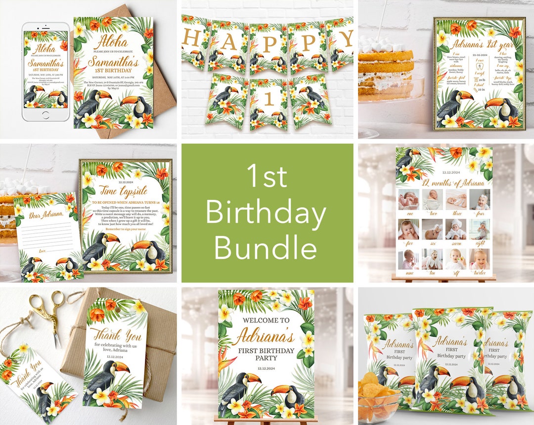 Editable Tropical 1st Birthday Bundle. Personalized Template Hawaii ...