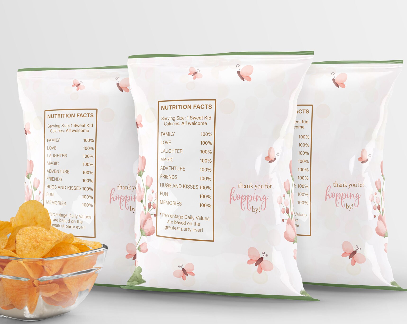 EDITABLE Digital Chip Bag. Personalized Bunny and Pink Flowers Girl 1st ...