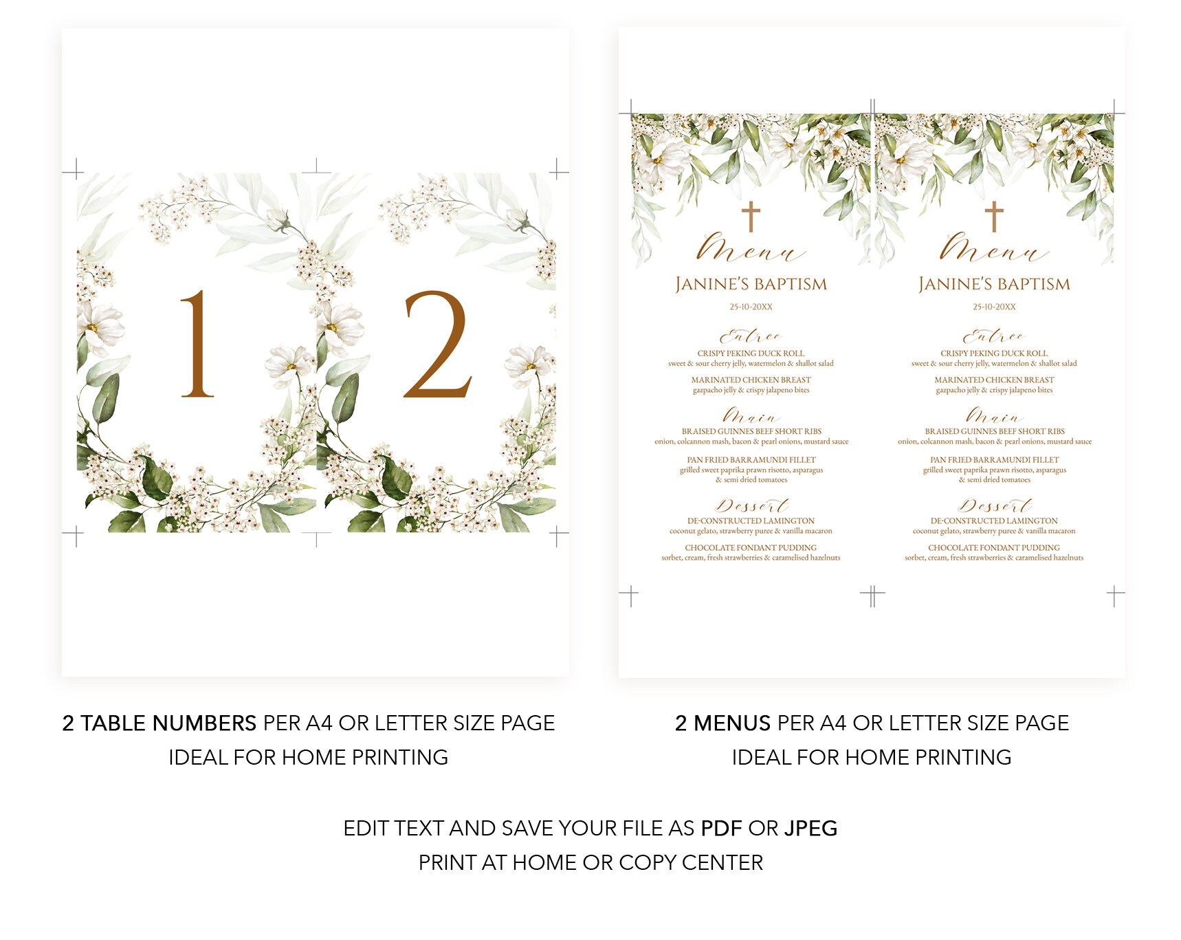 EDITABLE Menu Card and Table Number. Girl Baptism Green, White Flowers ...