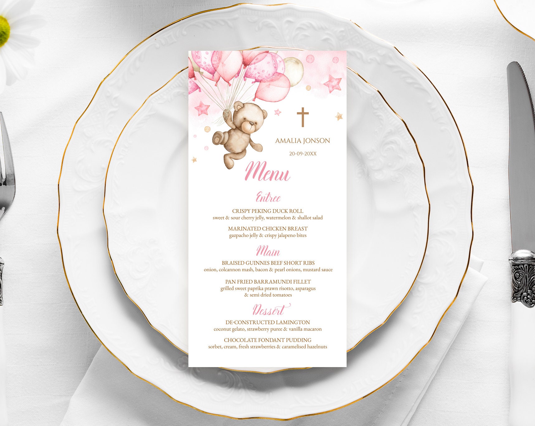 EDITABLE Menu Card and Table Number. Baptism Pink Teddy Bear - Etsy