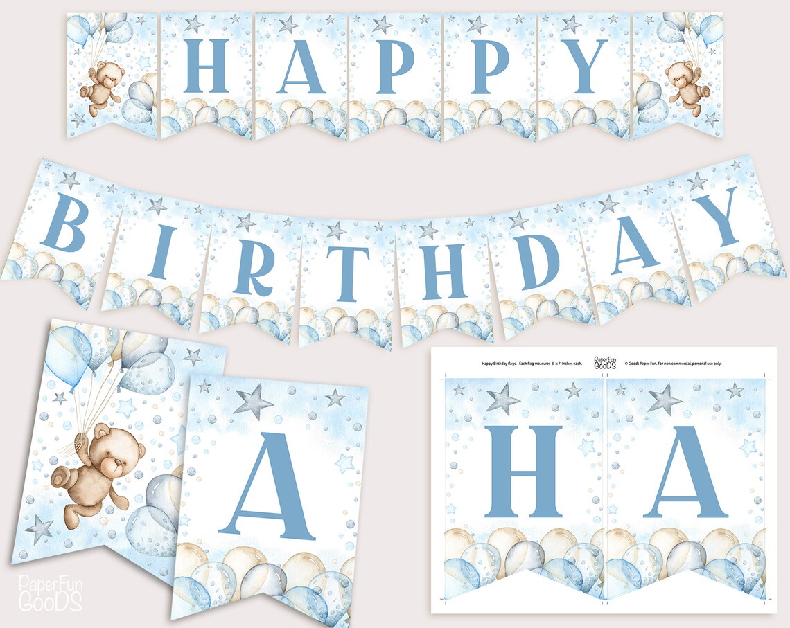 HAPPY BIRTHDAY Teddy Bear Banner. Printable Digital Party - Etsy