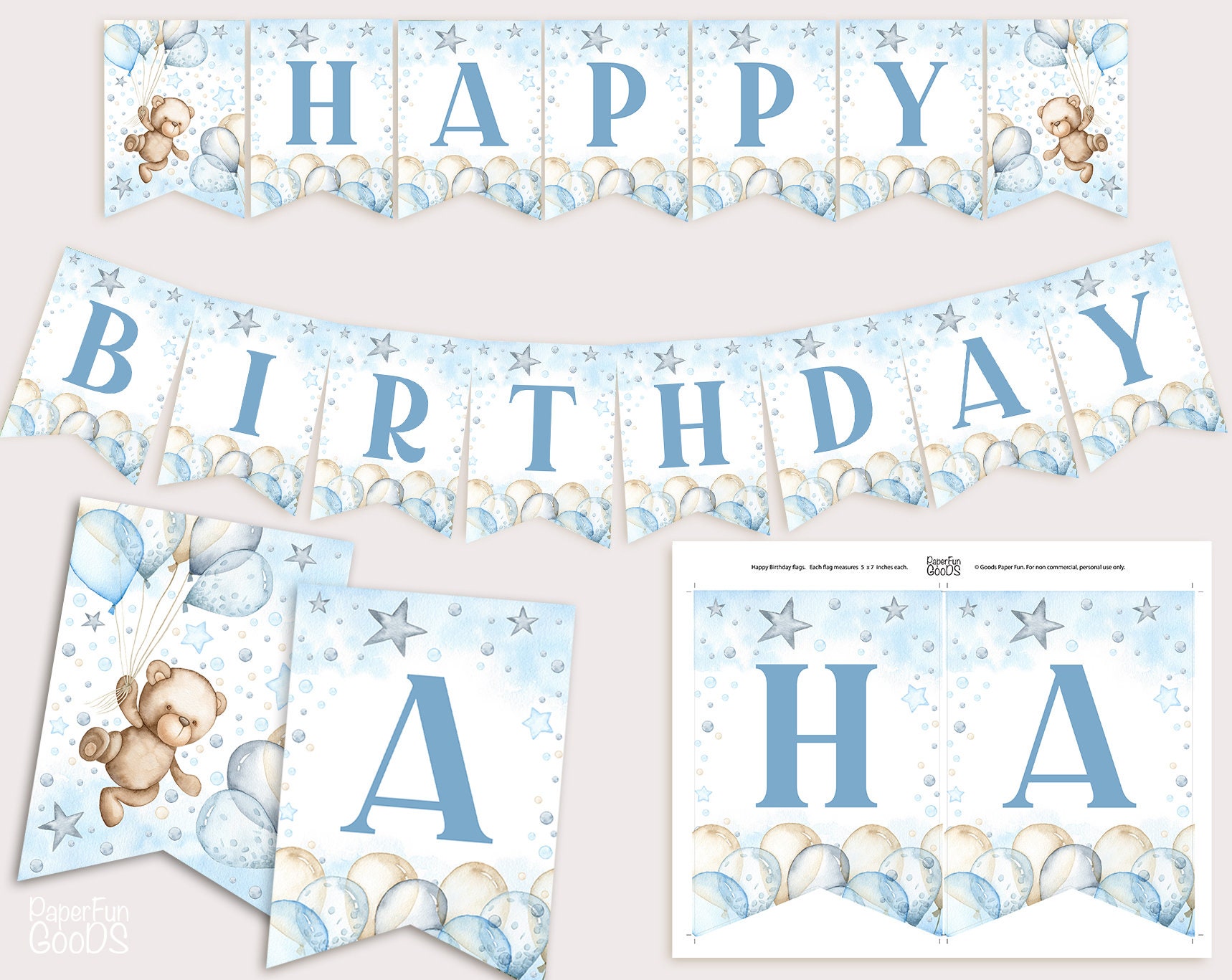 HAPPY BIRTHDAY Teddy Bear Banner. Printable digital party | Etsy