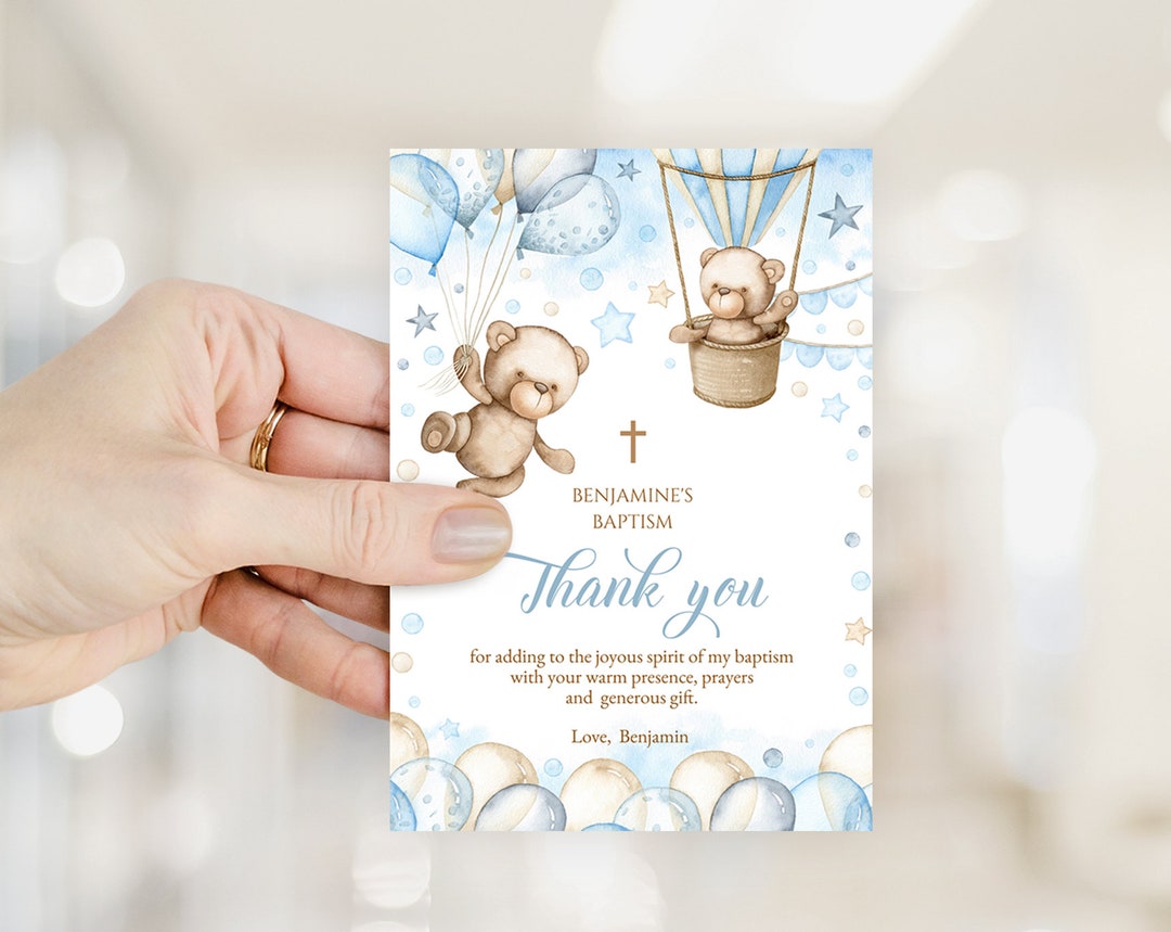 Editable Baptism Thank You Card. Blue Teddy Bear, Air Balloon Decor ...