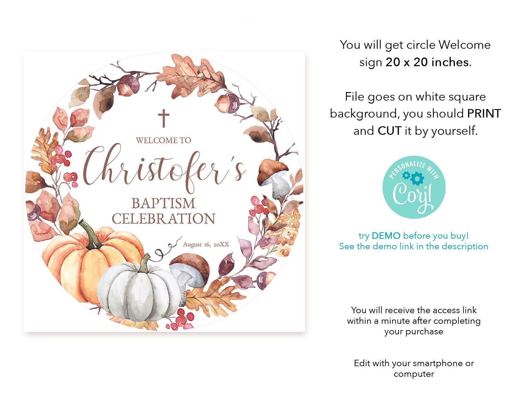 EDITABLE Digital Baptism Circle Welcome Sign. Autumn Wreath, Fall ...
