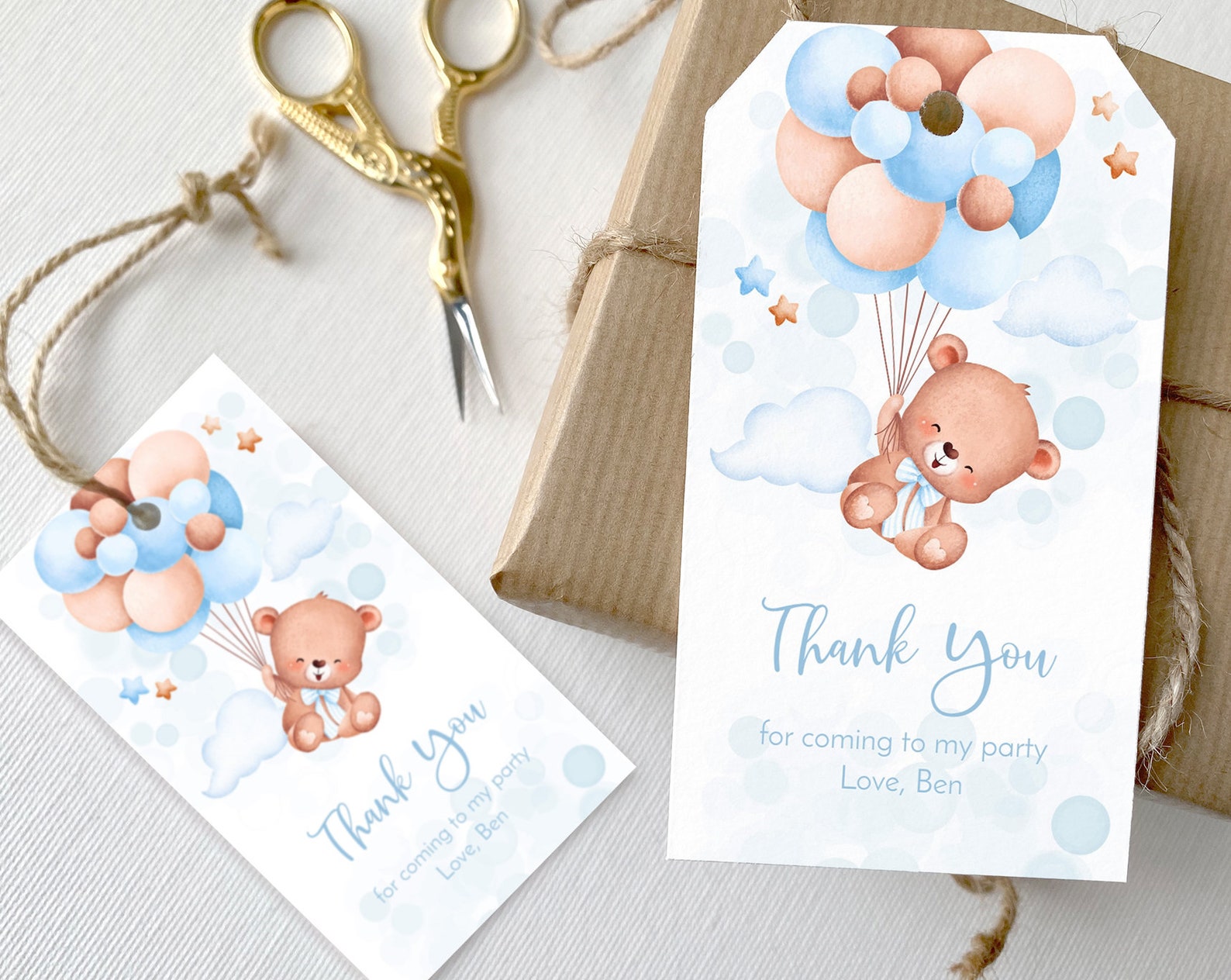 Editable Blue Teddy Bear Thank You Tag Template. 1st Baby Boy Birthday ...