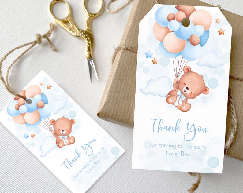 Editable Blue Teddy Bear Thank You Tag Template. 1st Baby Boy Birthday ...