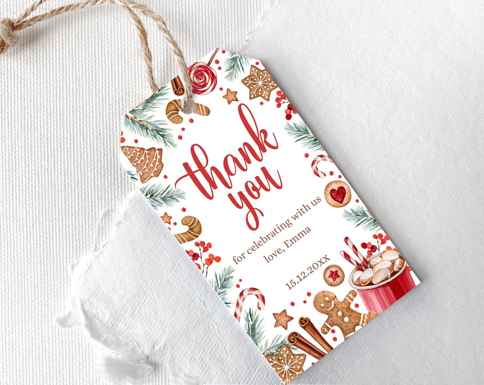 Editable Thank You Tag. Christmas Party, Cookies and Cocoa, Festive ...