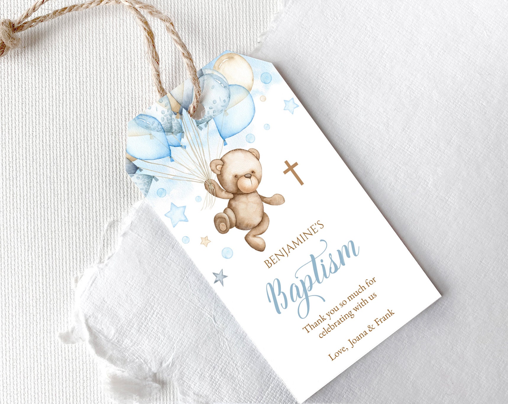 Editable Baptism Thank You Tag. Blue Teddy Bear, Air Balloon Decor ...