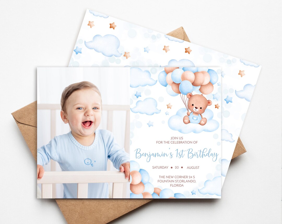 Editable Blue Teddy Bear Birthday Invitation Template With Photo. 1st ...