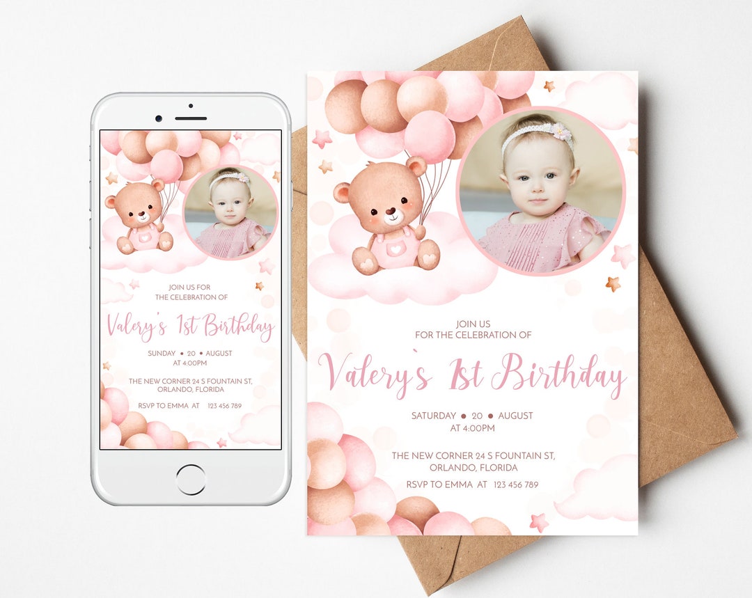 Editable Pink Teddy Bear Birthday Electronic Invitation Template With ...