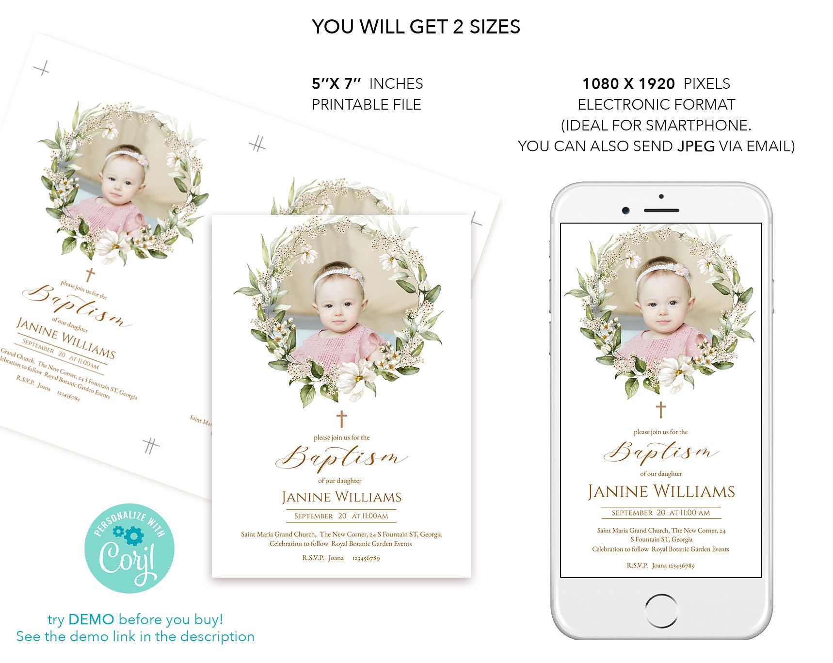 Editable Girl Baptism Photo Invite/evite, Green Floral Invitation ...