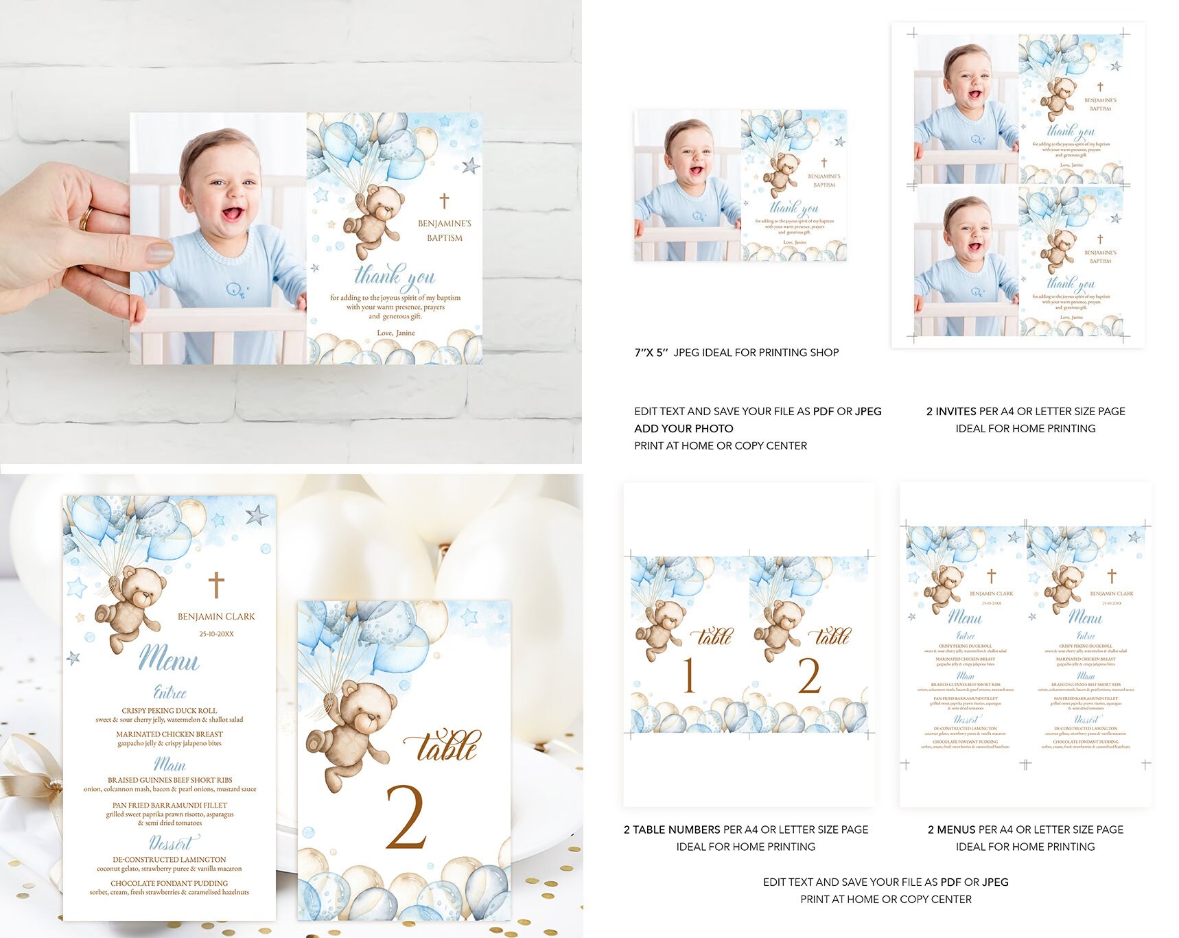 Editable Boy Baptism Bundle. Personalized Blue Beige Teddy Bear, Air ...
