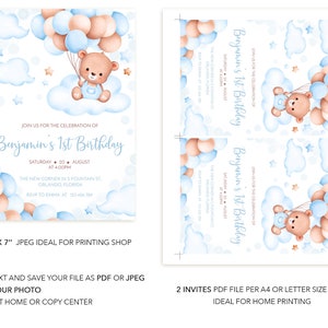 Editable Blue Teddy Bear 1st Birthday Electronic Invitation Template ...