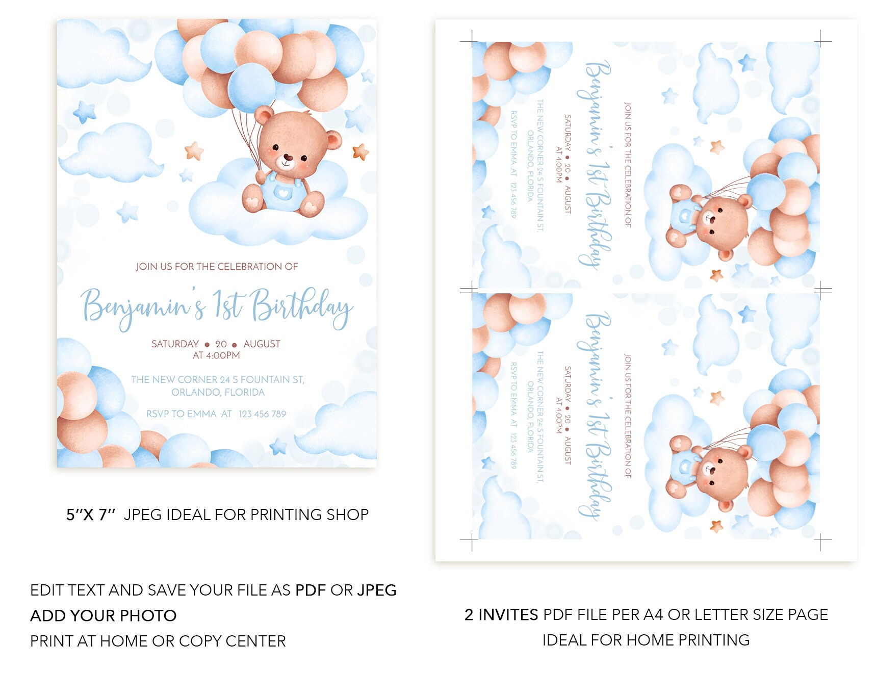 Editable Blue Teddy Bear 1st Birthday Electronic Invitation Template ...