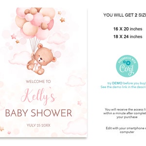 EDITABLE Welcome Sign Baby Shower Pink Teddy Bear. Personalized It's a ...