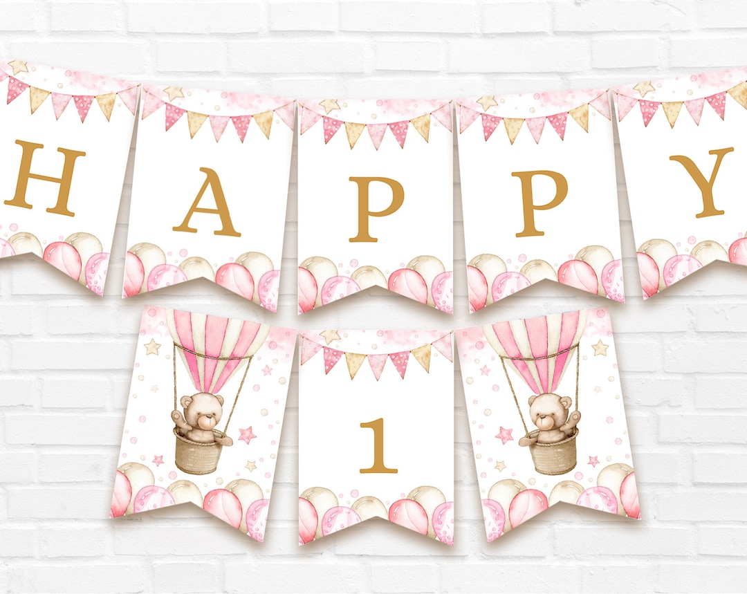 EDITABLE 1st Birthday Bunting. Digital Flags. Personalized Corjl Pink ...