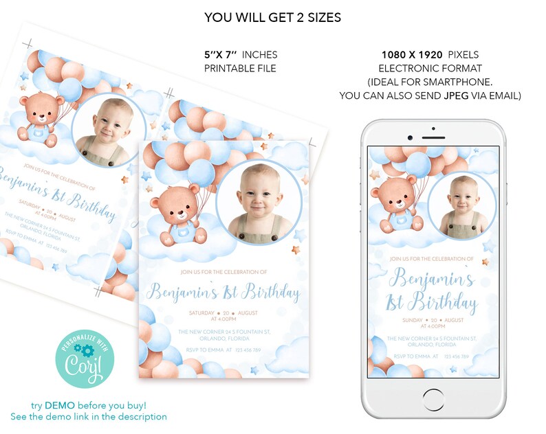 Editable Blue Teddy Bear Birthday Electronic Invitation - Etsy
