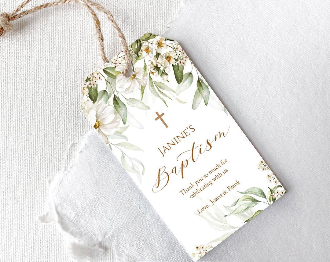 Editable Baptism Thank You Tag. Green, White Flowers. Christening Foral ...