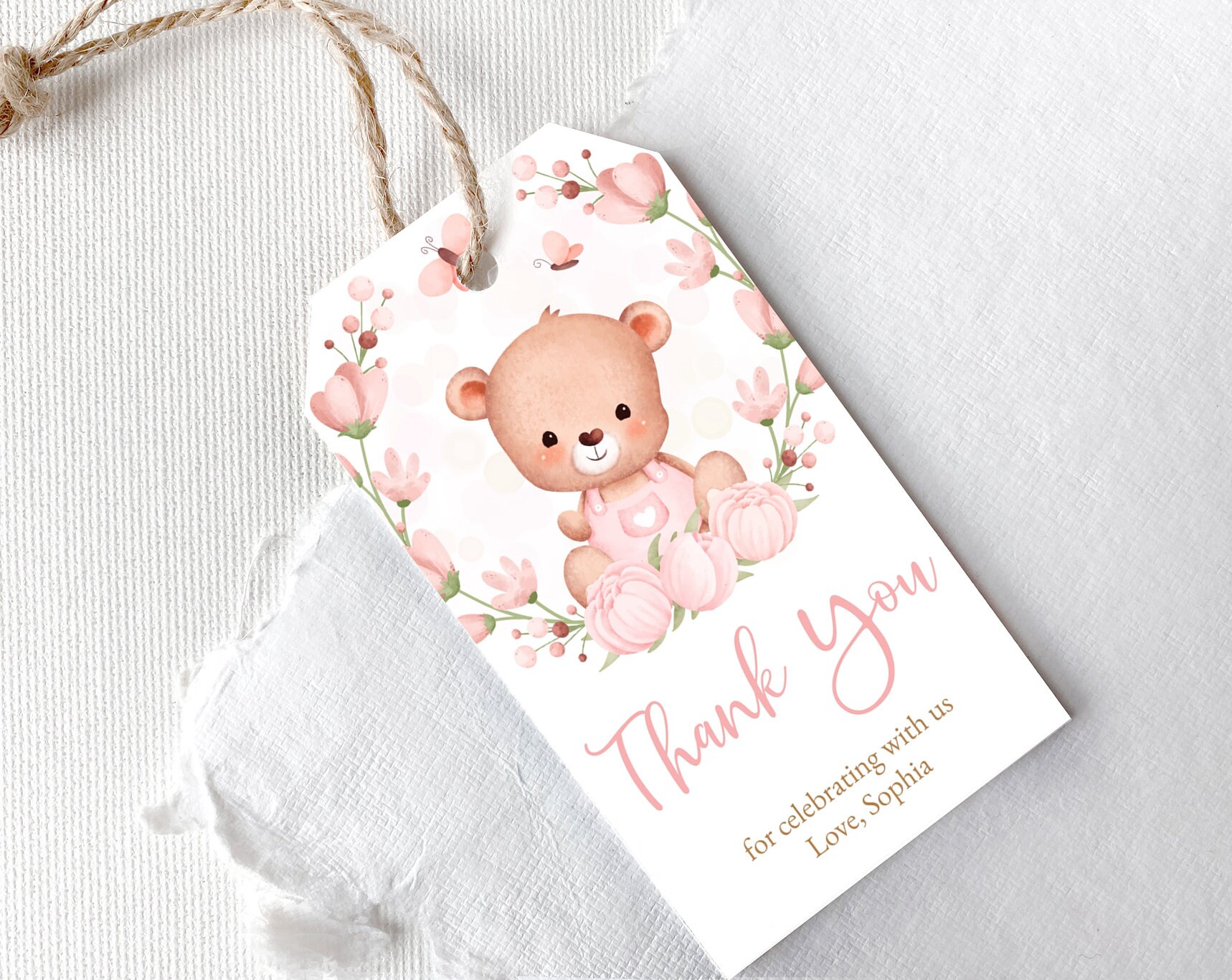 Editable Digital Teddy Bear Thank You Tag. Girl Baby Shower, Baby ...